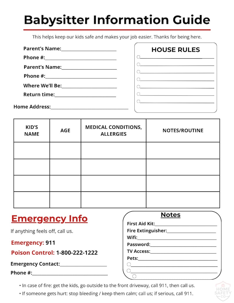 Babysitter Information Guide I Printable Babysitter Form I One Page ...