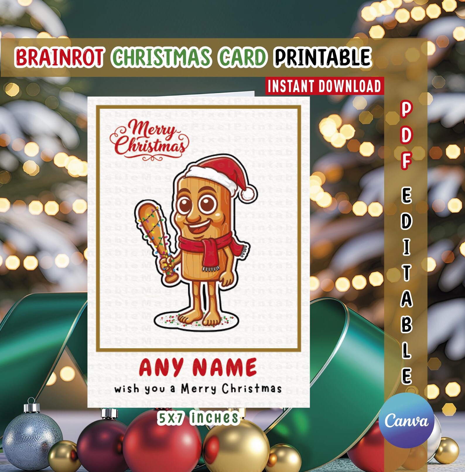 Merry Christmas Printable Card, Editable Canva Template, Brainrot ...