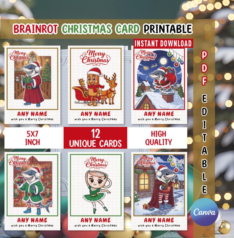 Merry Christmas Printable Card, Editable Canva Template, Brainrot ...