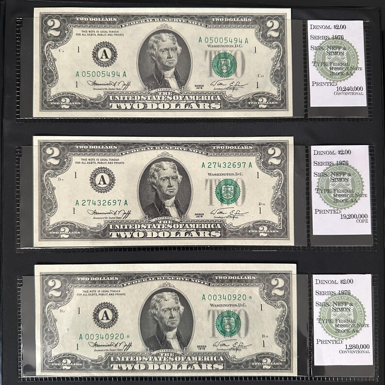 U.S. 2 Dollar Federal Reserve Notes Labels by Block | Series 1976 to ...