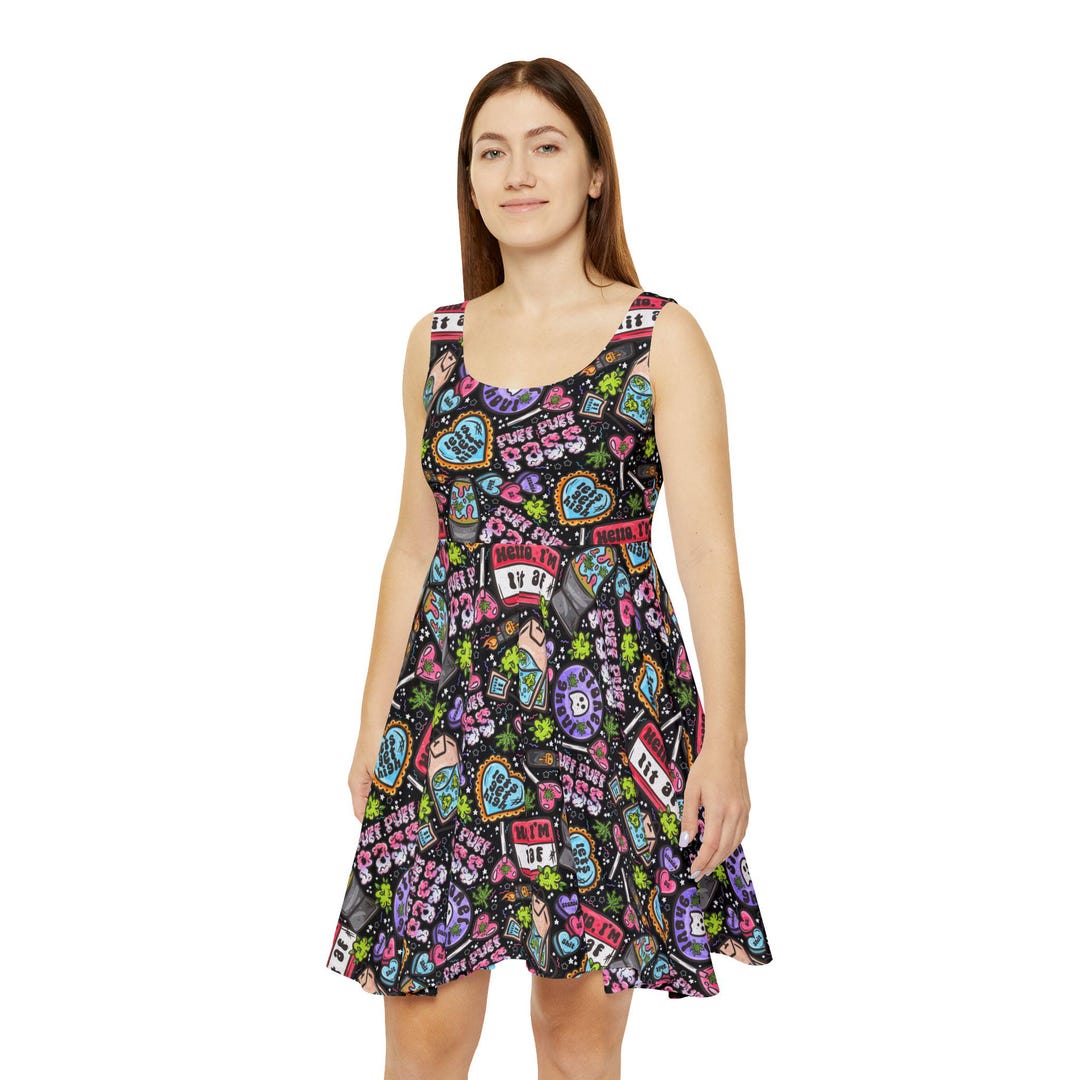Retro Cannabis Kawaii Doodle Pattern Women's Skater Dress |420 ...