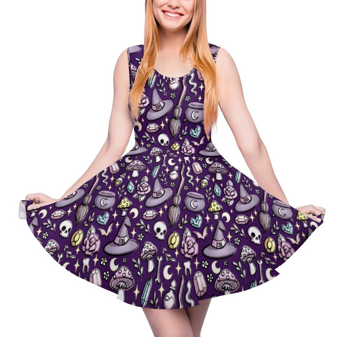 Witchy Skull Flattering Round Neck Sleeveless Dress | Plus Size Options ...