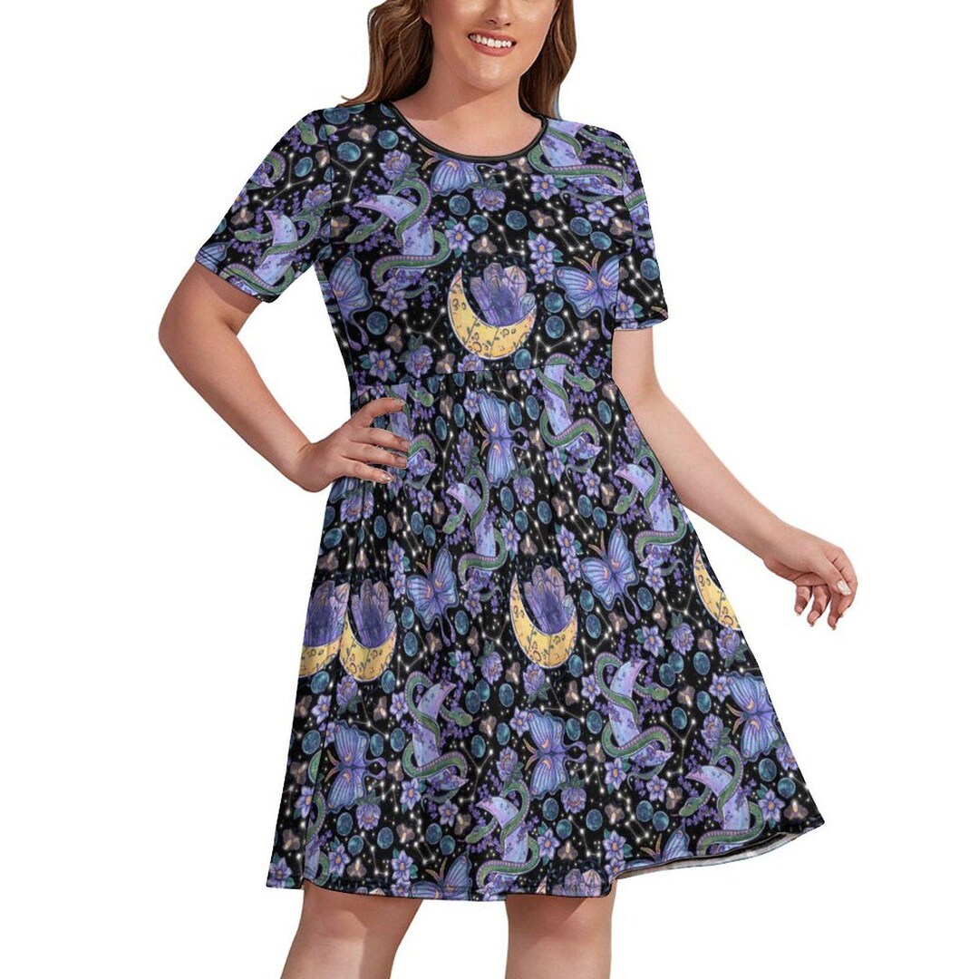 Plus Size Witchy Dress – Moon, Snakes & Butterfly Print, Knee Length - Etsy