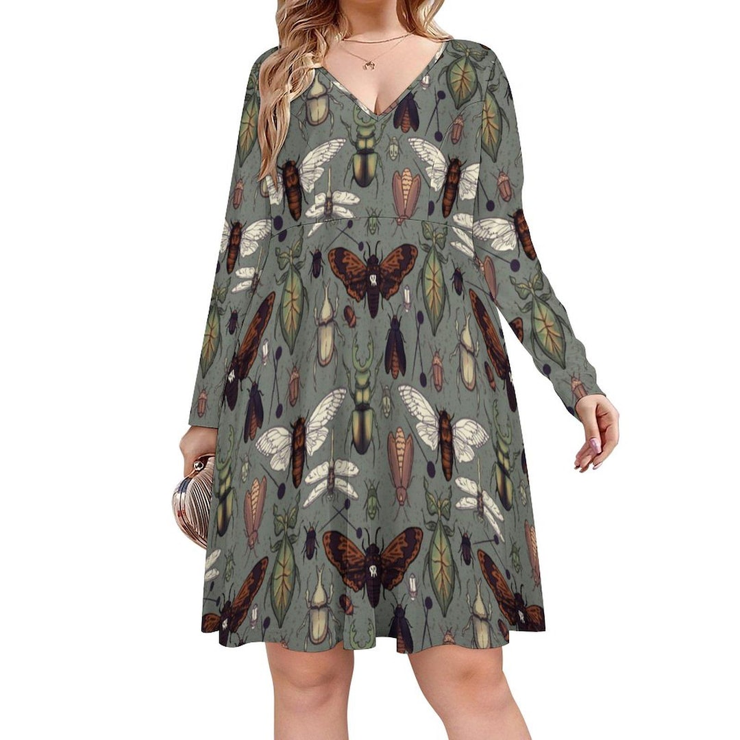 Green Insect Dress V-neck Long Sleeve | Bug Dresses | Plus Size ...