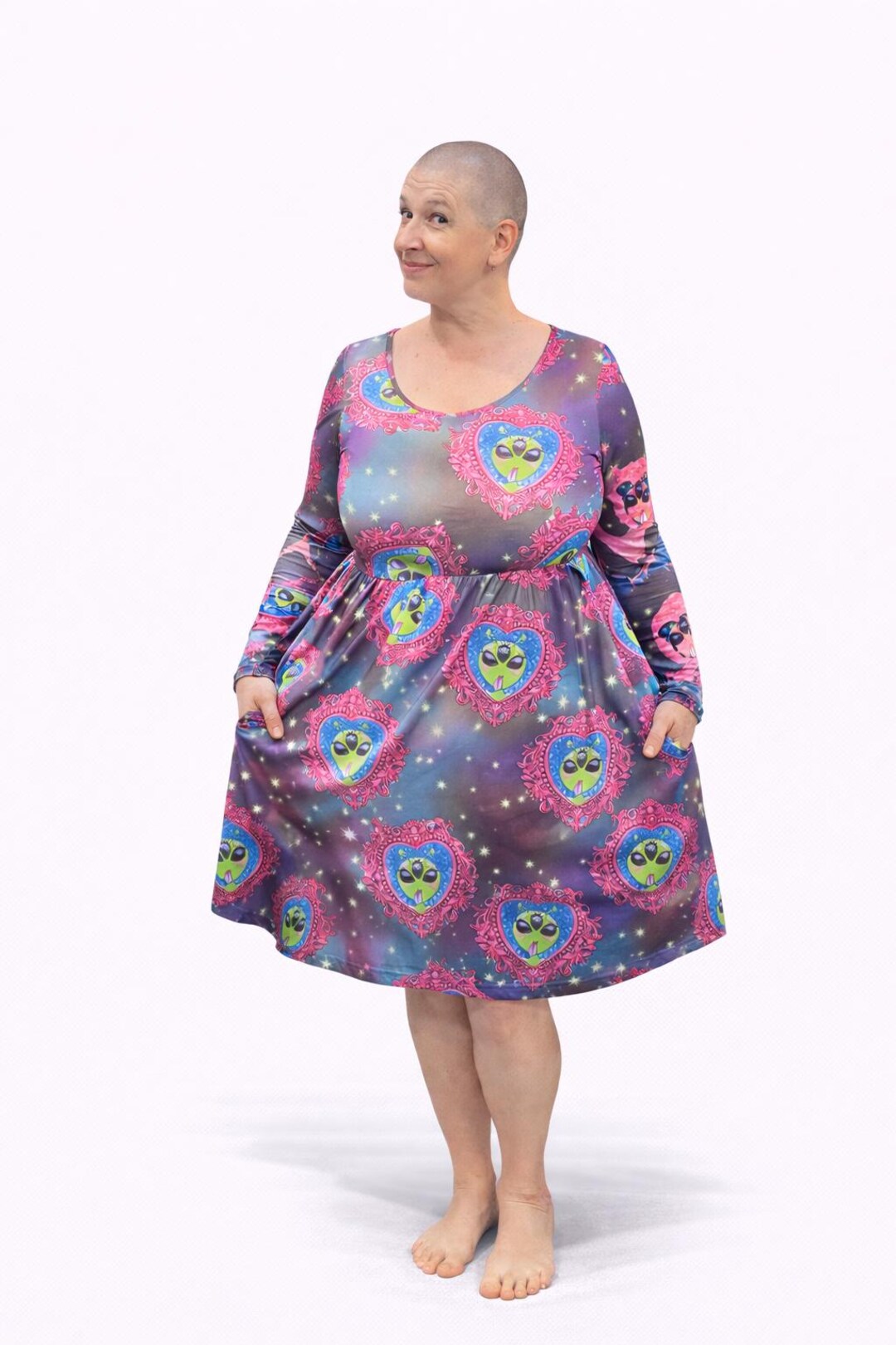 Alien Galaxy Dress With Pockets | Round Neck Long Sleeve Dresses | Plus ...