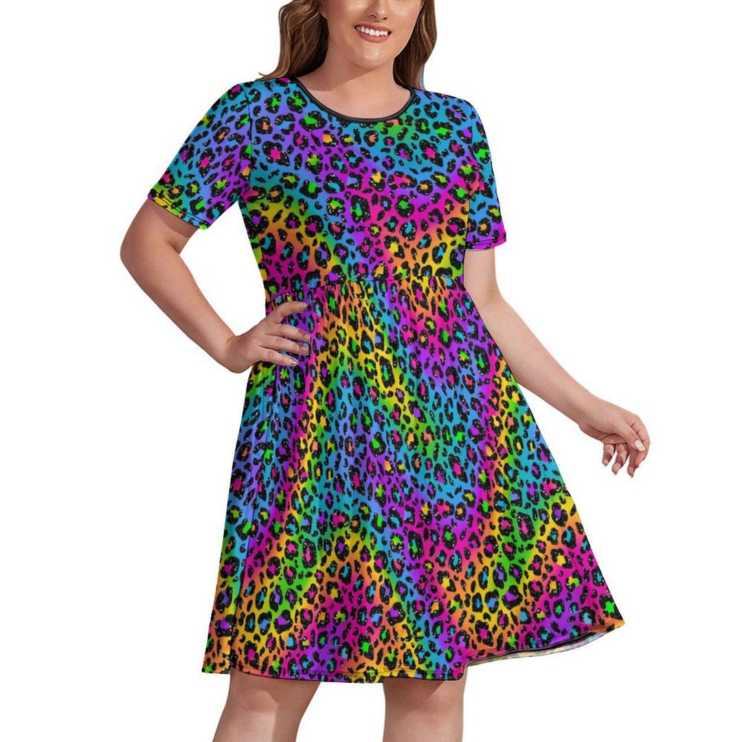 Plus Size 80's Neon Round-neck Short Sleeve Leopard Print Dress With ...