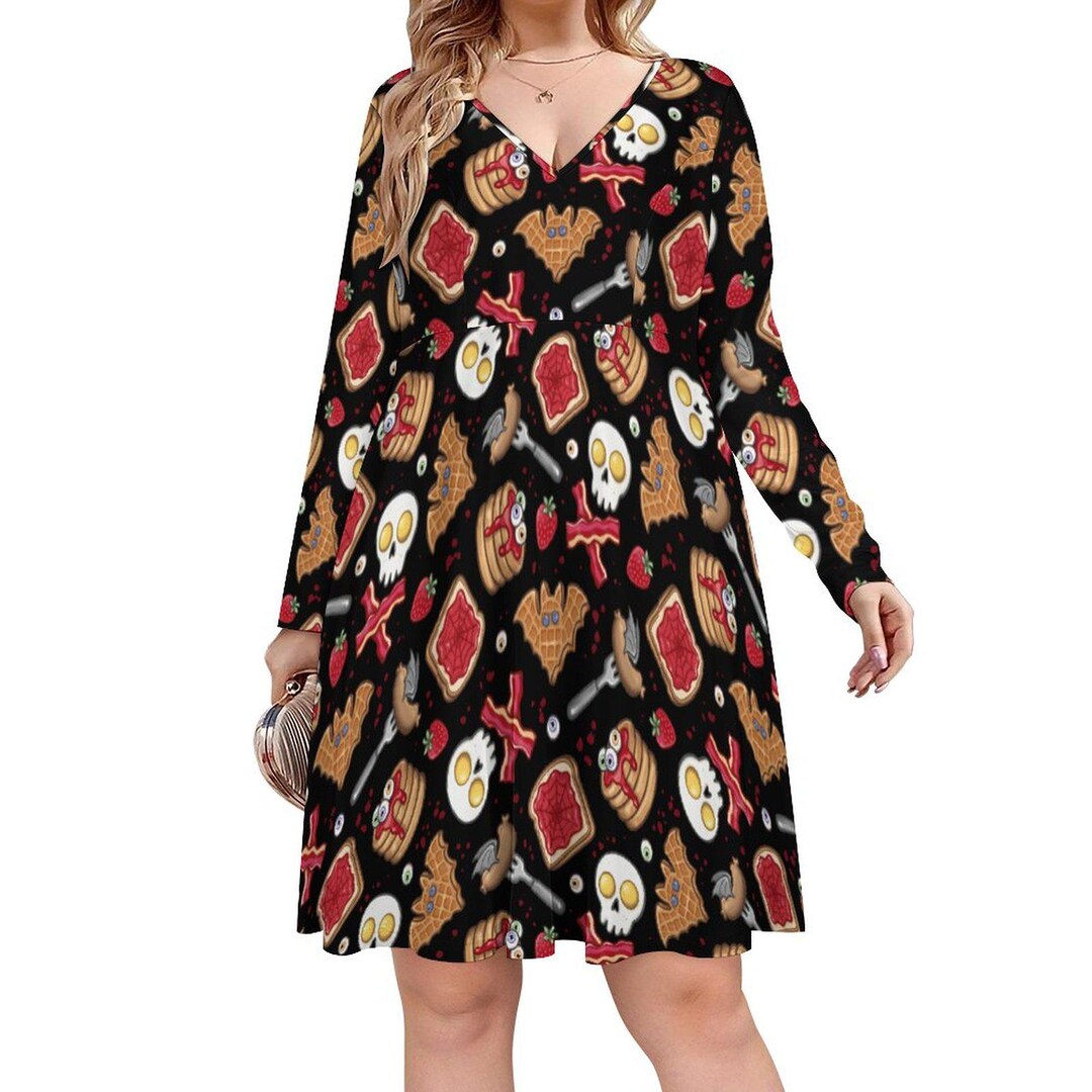 Spooky Breakfast Dress V-neck Long Sleeve | Gothic Food Skull Dresses ...