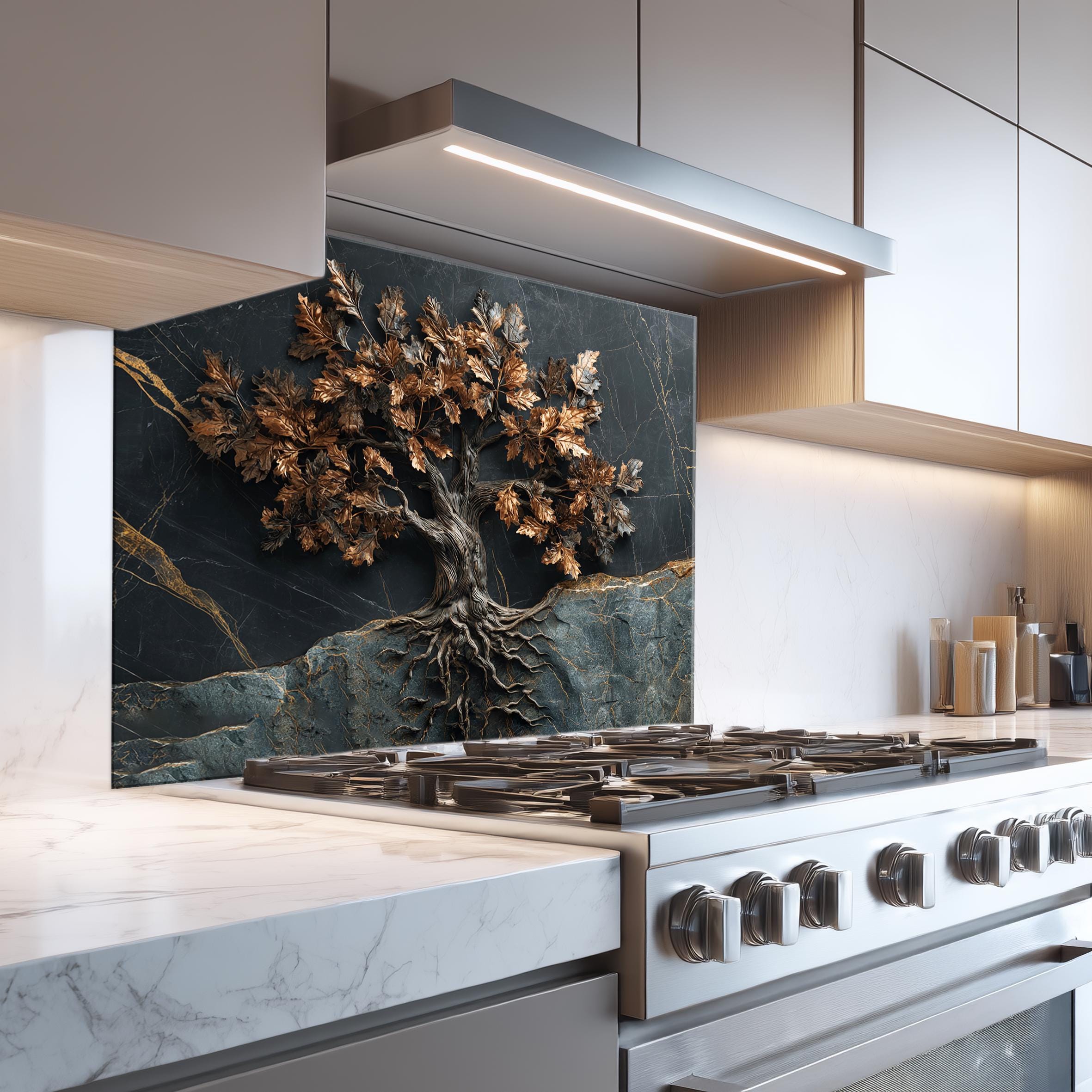 Tree of Life Tempered Glass Backsplash – Bronze Relief, Black Marble - Etsy