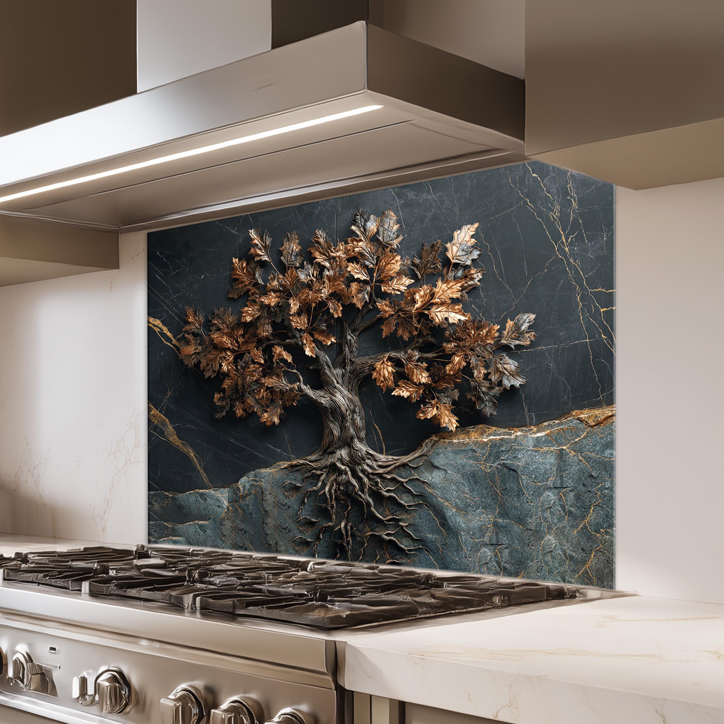 Tree of Life Tempered Glass Backsplash – Bronze Relief, Black Marble - Etsy