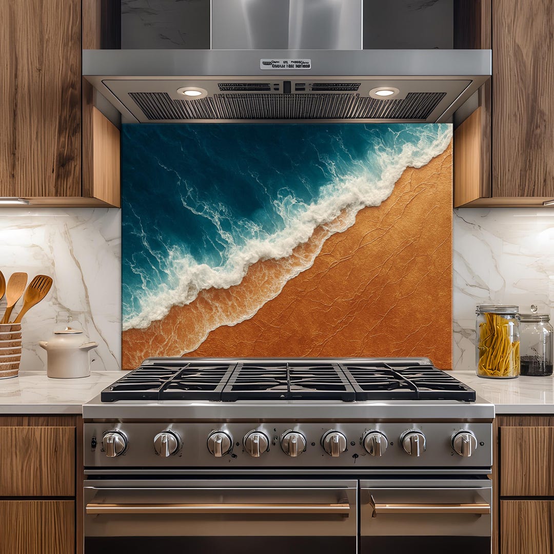Ocean Wave Tempered Glass Backsplash: Luxury Kitchen Wall Art - Etsy