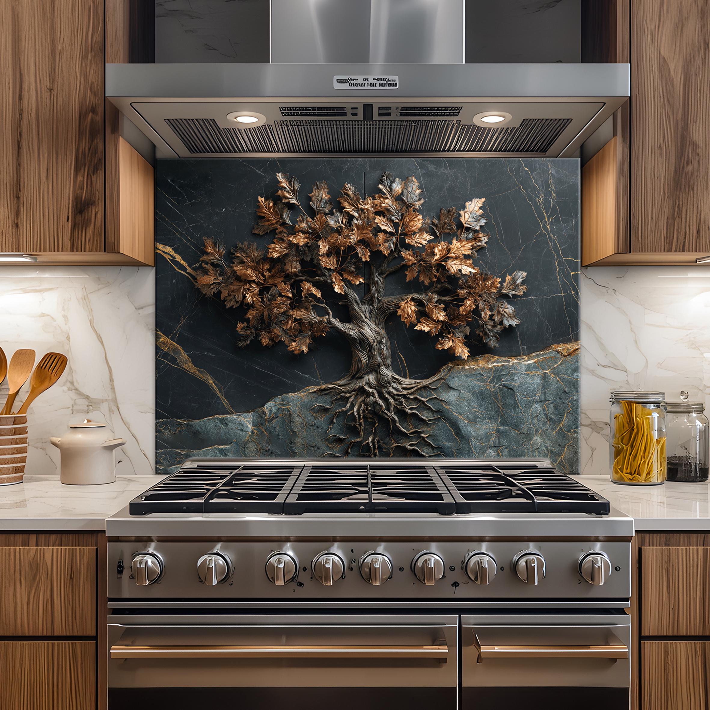 Tree of Life Tempered Glass Backsplash – Bronze Relief, Black Marble - Etsy