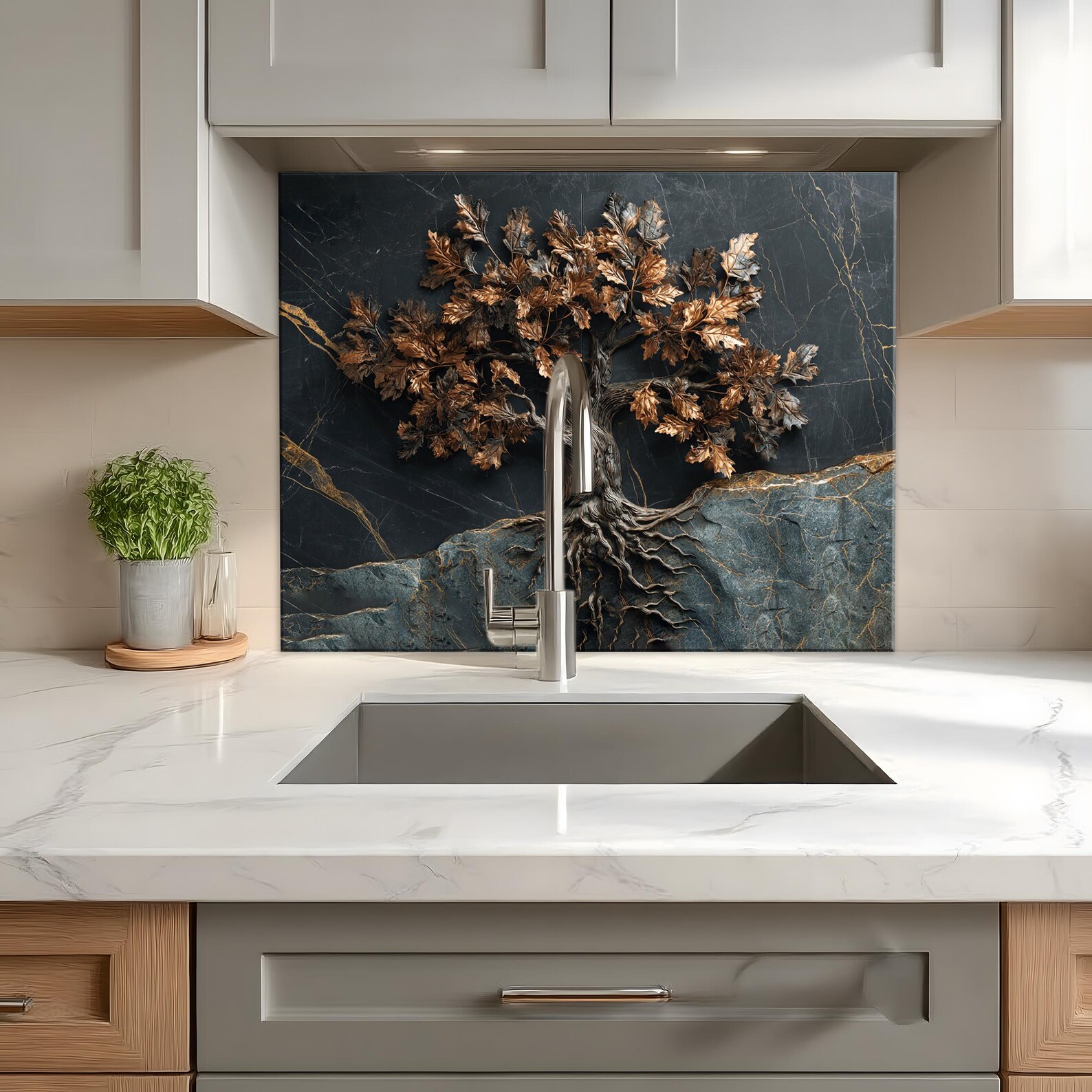 Tree of Life Tempered Glass Backsplash – Bronze Relief, Black Marble - Etsy
