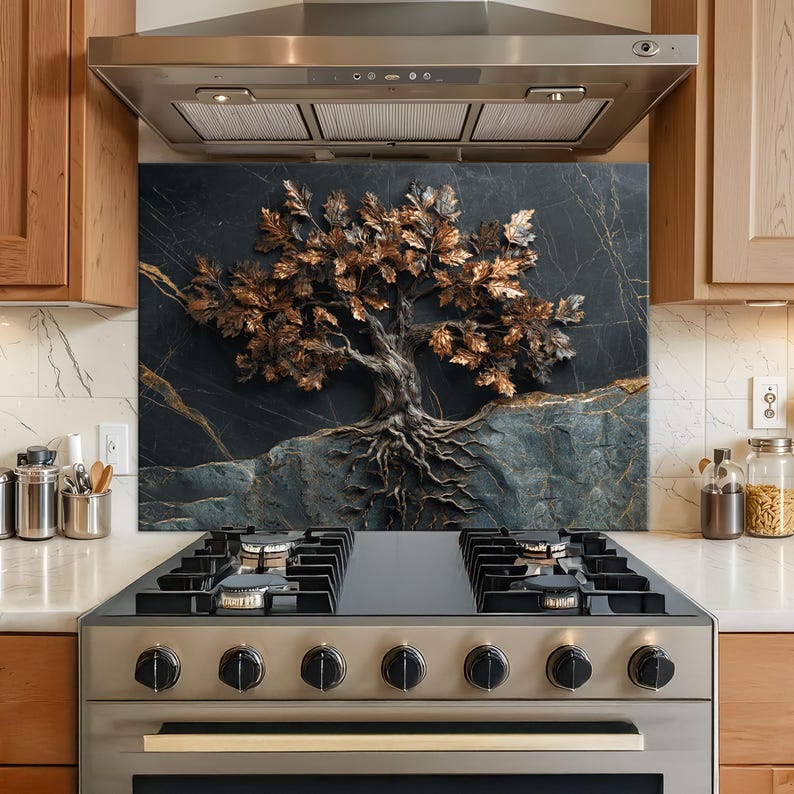 Tree of Life Tempered Glass Backsplash – Bronze Relief, Black Marble - Etsy