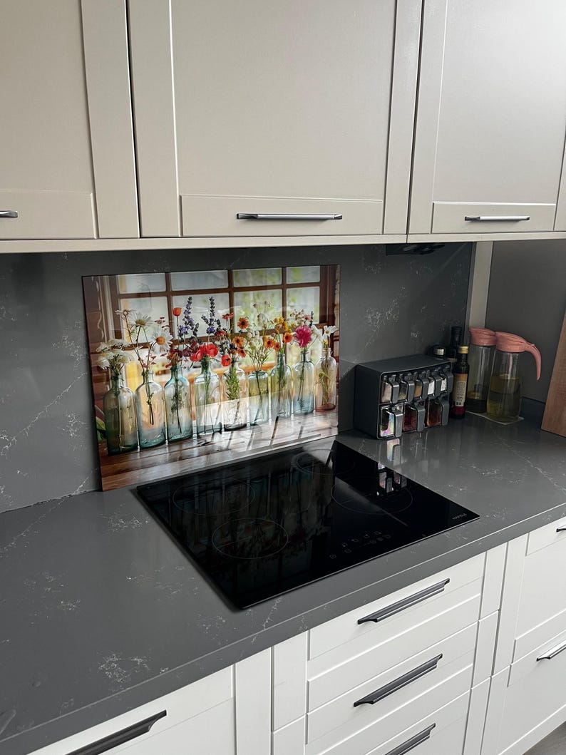Floral Tempered Glass Kitchen Backsplash: Heat Resistant Stove Cover - Etsy