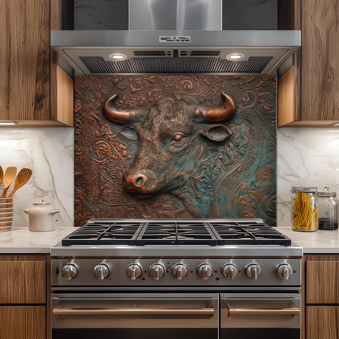 Bull Head Copper Patina Glass Backsplash | Rustic Kitchen Decor - Etsy