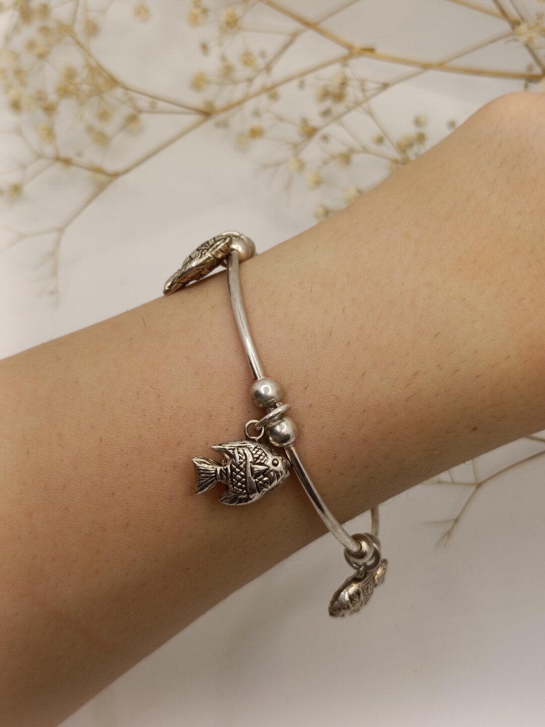 925 Sterling Silver Fish Bracelet, Boho Style, Adjustable Bangle ...
