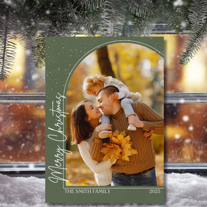 Editable Green Arch Merry Christmas Multi Photo Card Template With FOUR ...