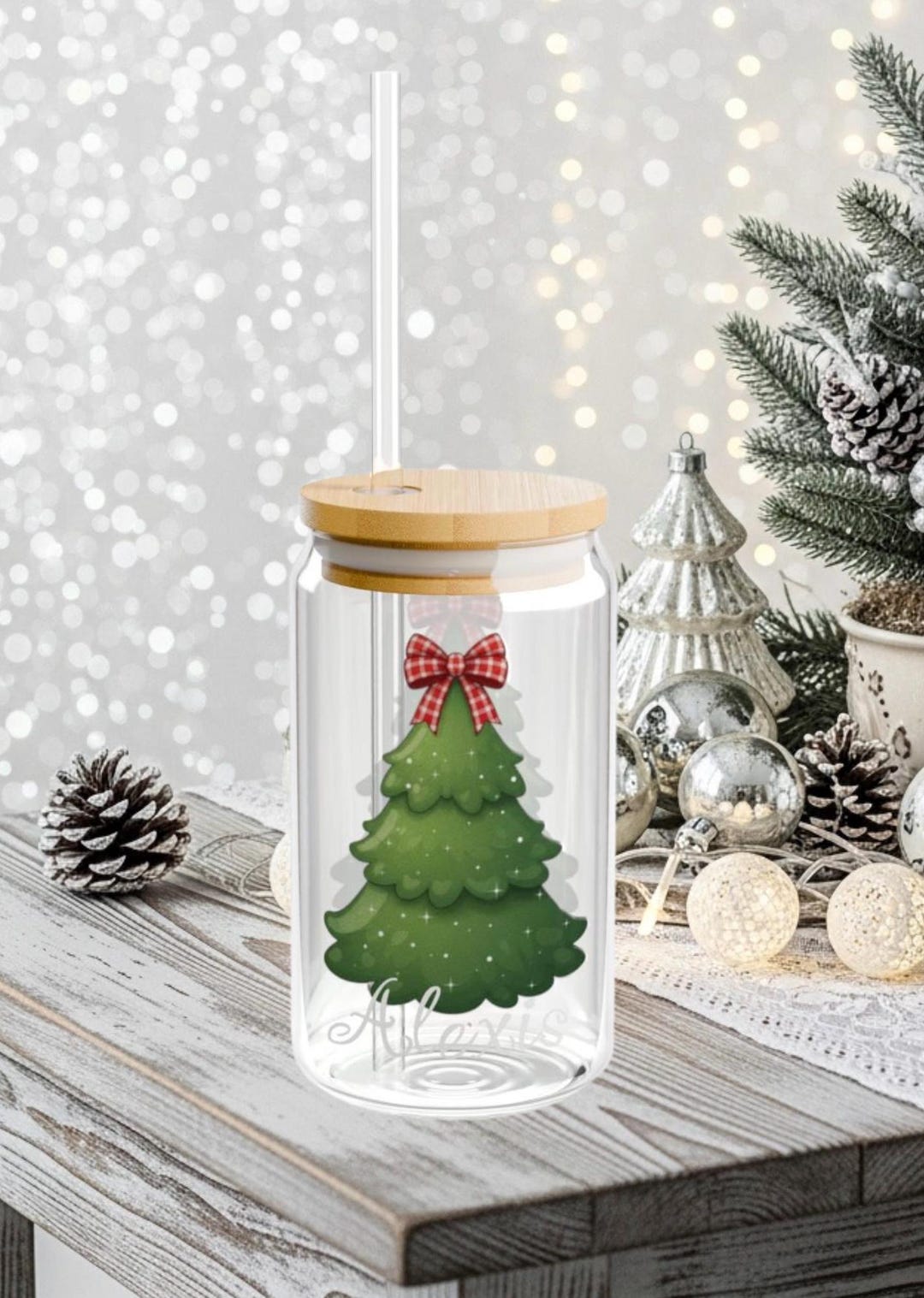 Personalized Christmas Tree Glass Sipper: Holiday Drinkware, Bamboo Lid ...