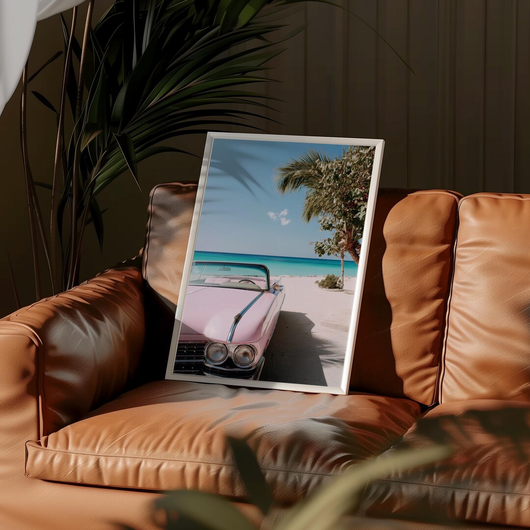 Printable Poster Pink Cadillac at Beach With Palm Trees – Retro Fine ...