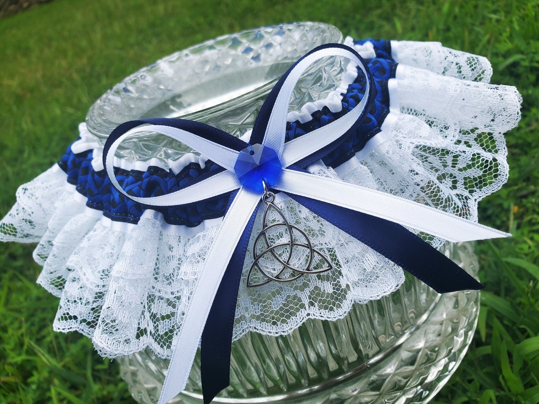 Triquetra Wedding Garter With White Lace and Blue Celtic Knot Trim for ...