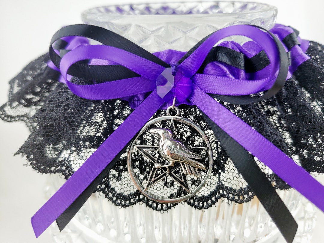 Gothic Wedding Garter: Purple Satin, Black Lace, Raven Pentacle Charm ...