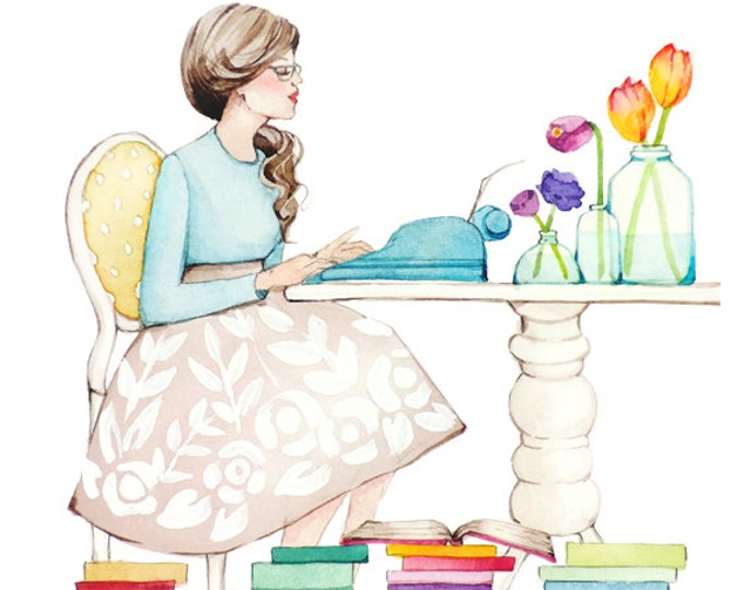 The Writer Girl and Typewriter Watercolor Art Painting | Etsy