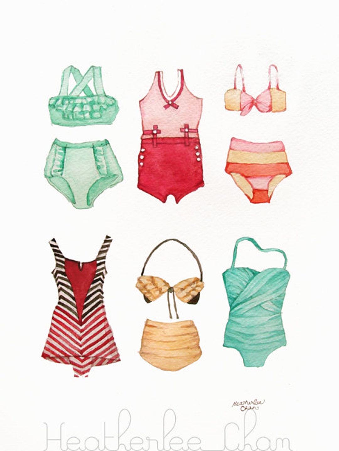 Vintage Bathing Suits Painting Watercolor Print- Beach - Ocean - Sea ...