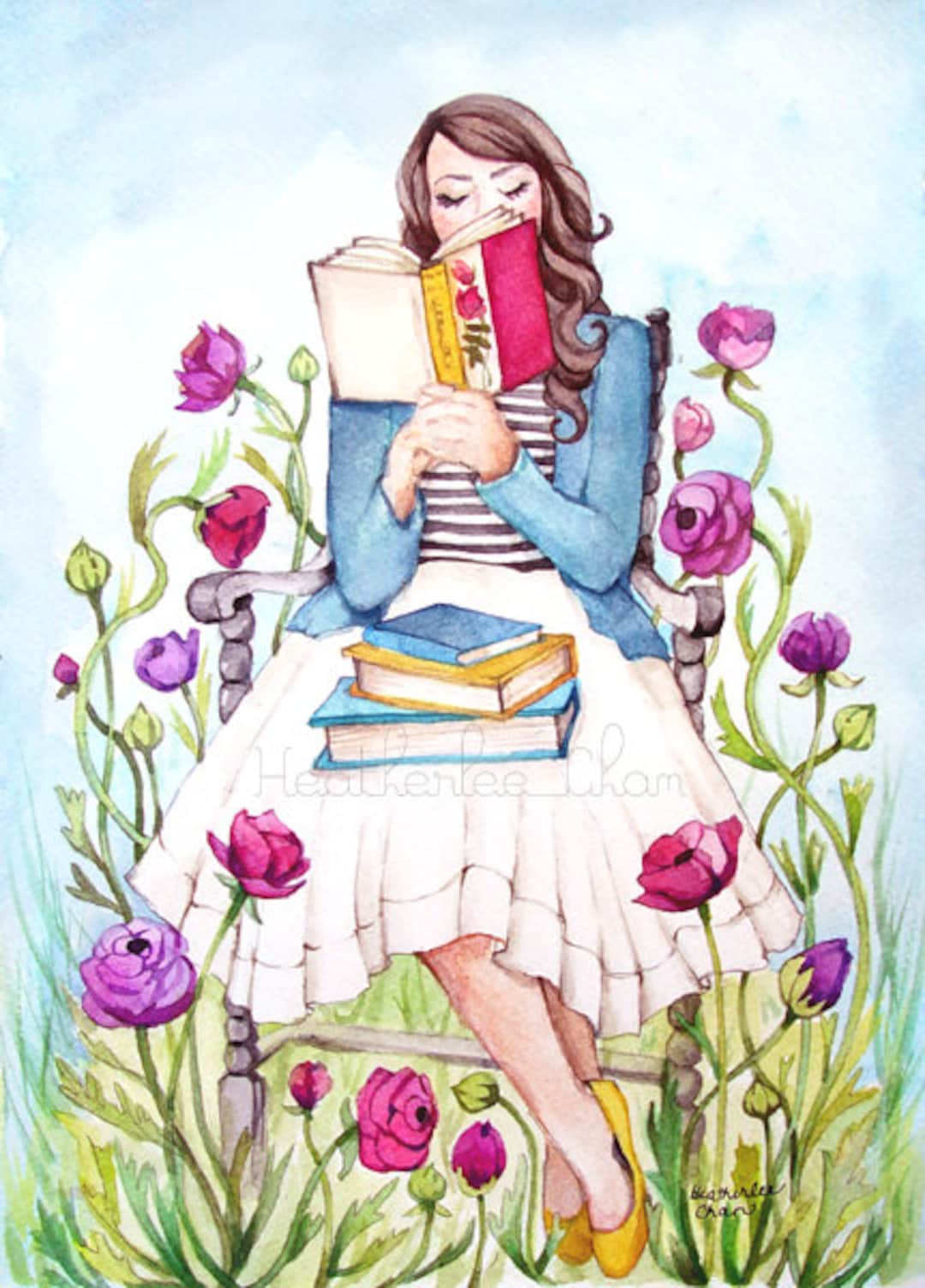 The Book Lover With Flowers - Watercolor Print - Etsy