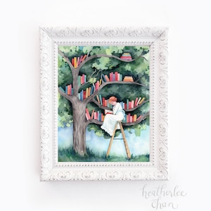 The Reader and the Tree Library - Watercolor Art Print - Etsy