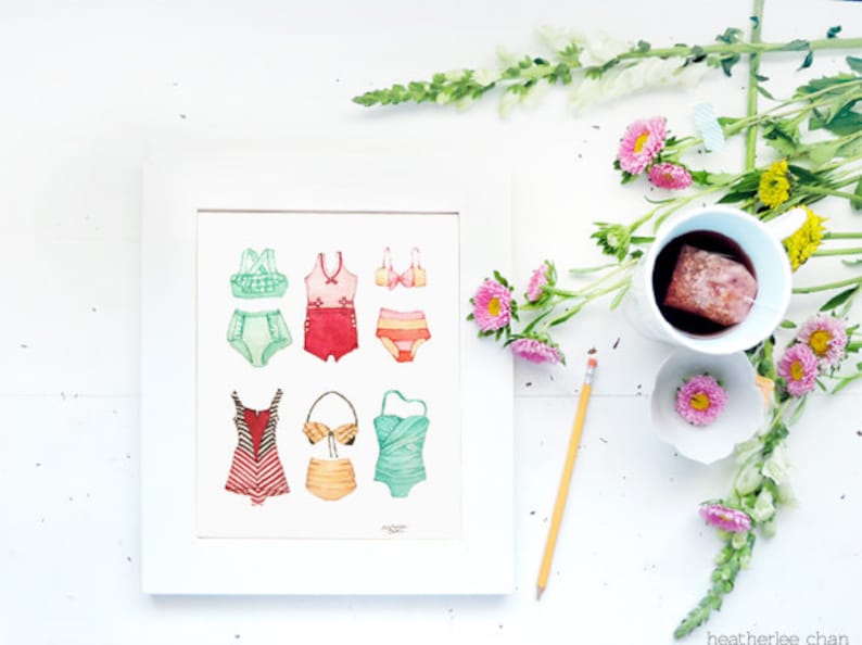 Vintage Bathing Suits Painting Watercolor Print- Beach - Ocean - Sea ...
