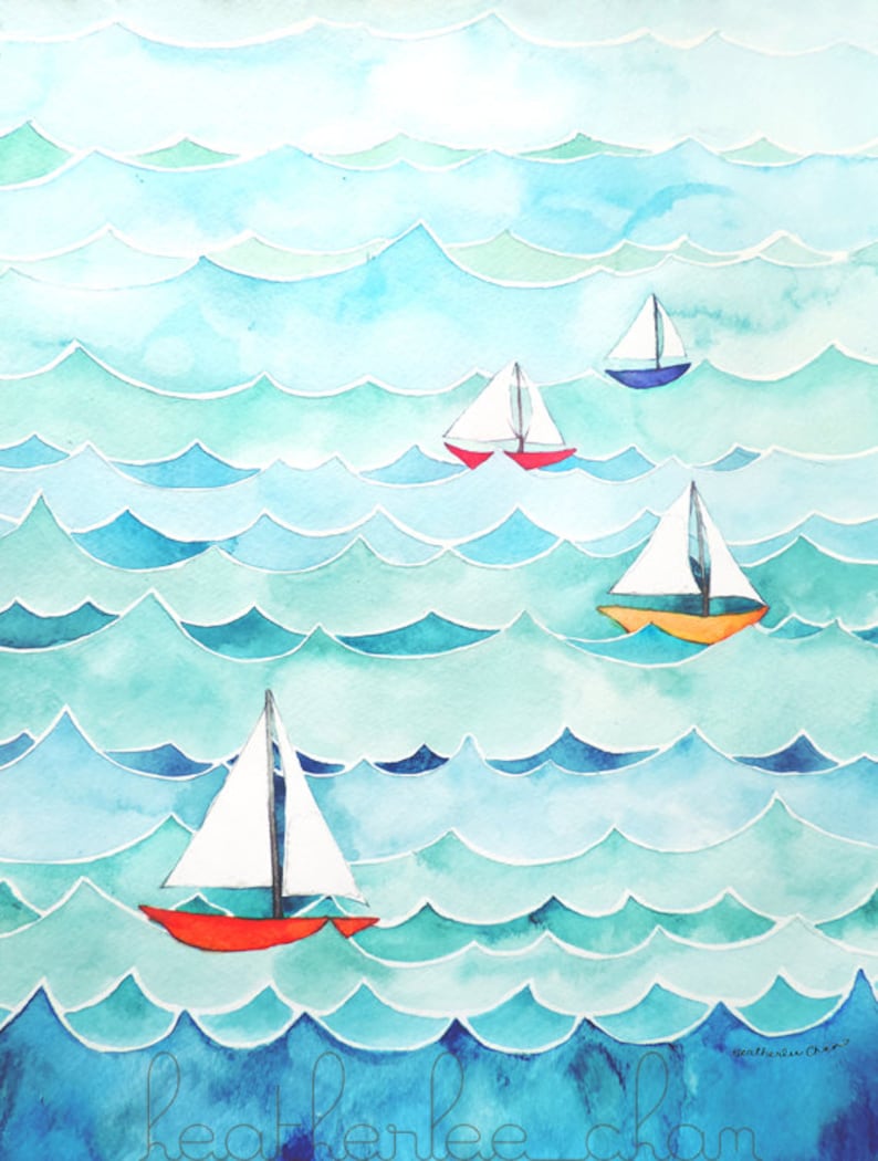 Sailboats With Waves Watercolor Painting Print - Etsy