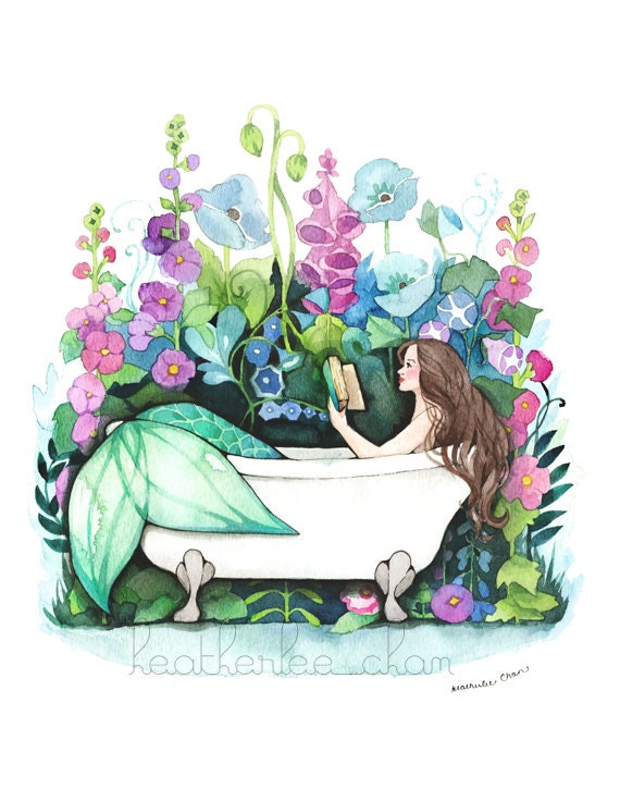 Mermaid Art Reading in Bathtub Watercolor Print - Etsy