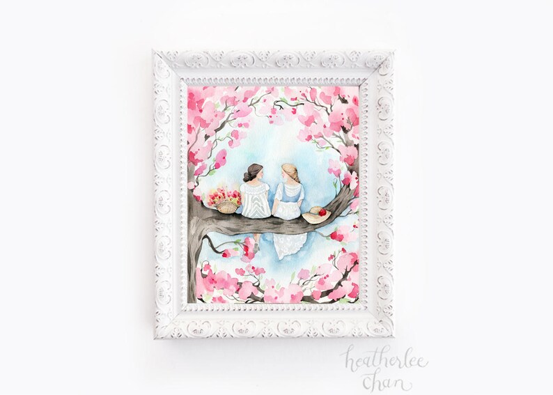 Best Friend Art - Sisters in a Cherry Blossom Tree - Watercolor ...