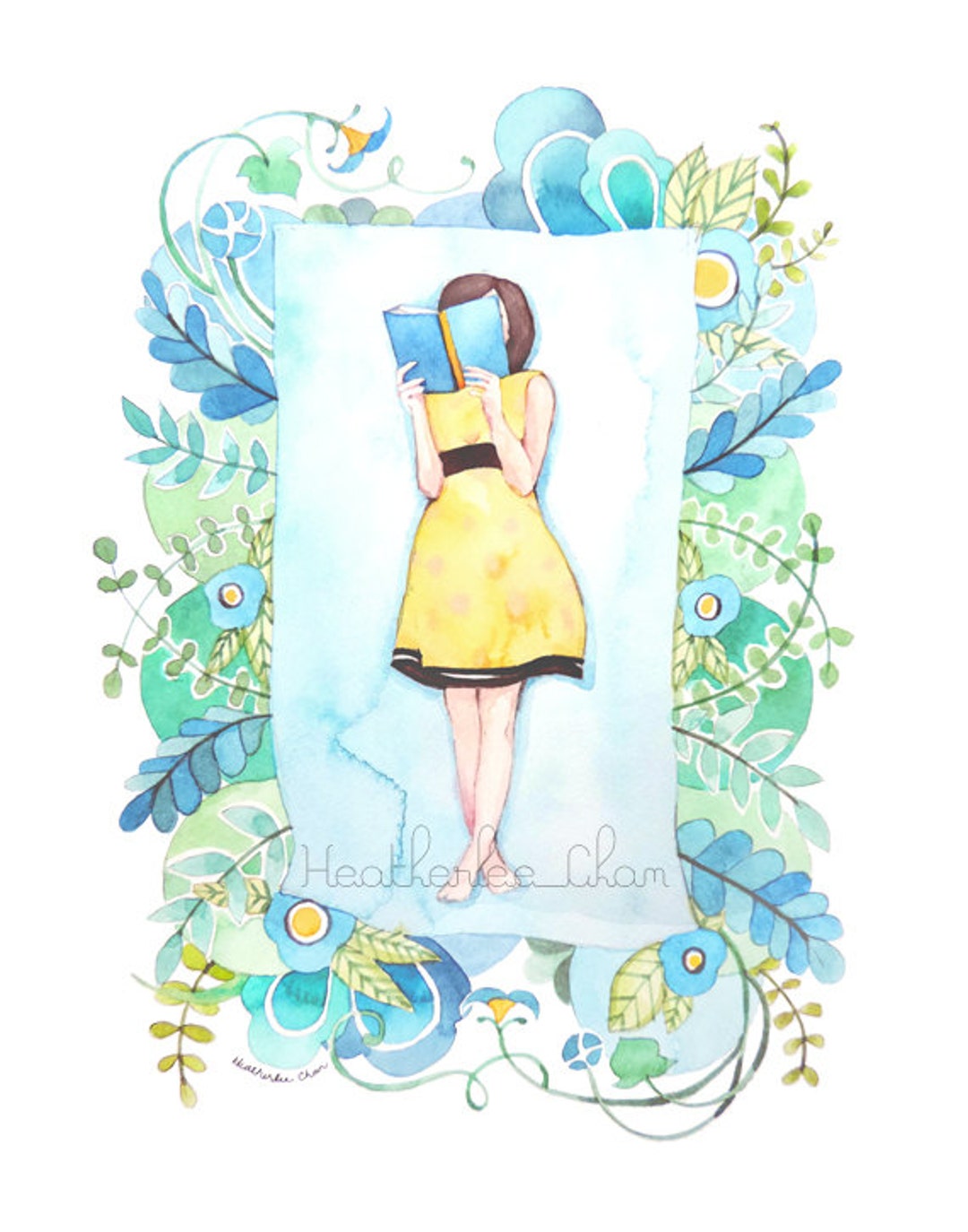 The Reader in Blue, Green, and Yellow - Watercolor Print - Etsy