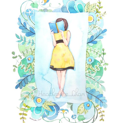 The Reader in Blue Green and Yellow Watercolor Print - Etsy