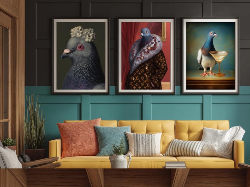 Absurd Pigeon Art Print – Regal Whimsical Wall Art – Quirky Modern Folk ...