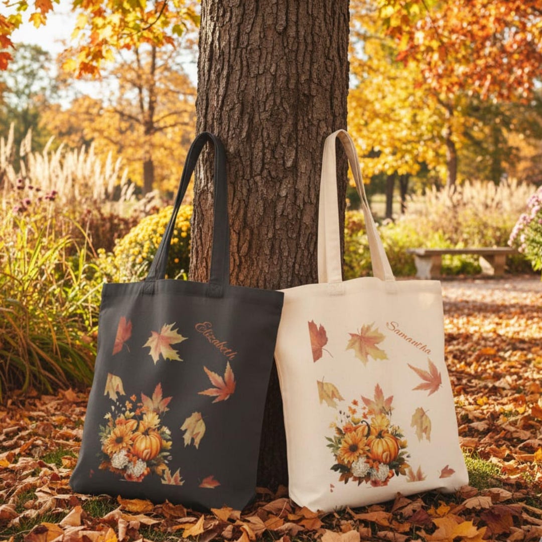 Personalized Autumn Tote Bag: Fall Leaves, Custom Canvas Purse - Etsy