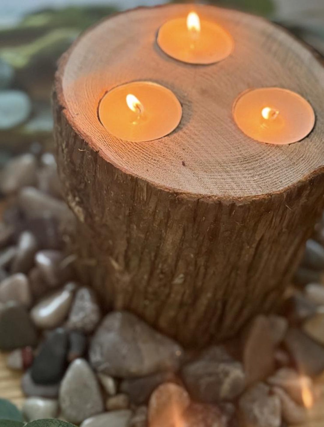 Rustic Cedar Log Candle Holder – 3 Tealight Holes | 6–8" Tall | Bark-on ...