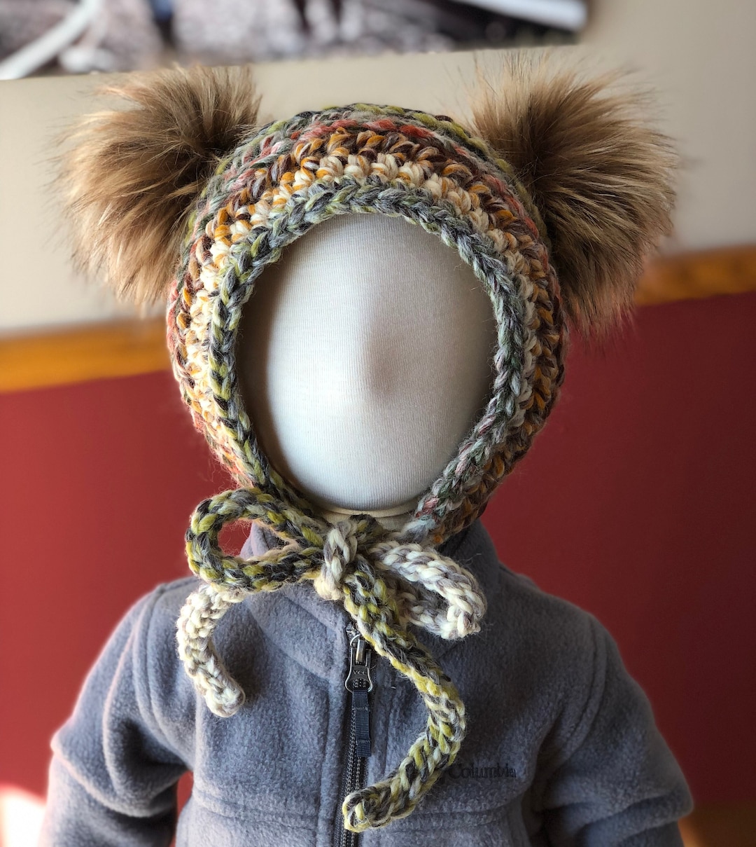 Crochet Pattern for Double Pom Fur Trim Baby Bonnet 4 Sizes - Etsy