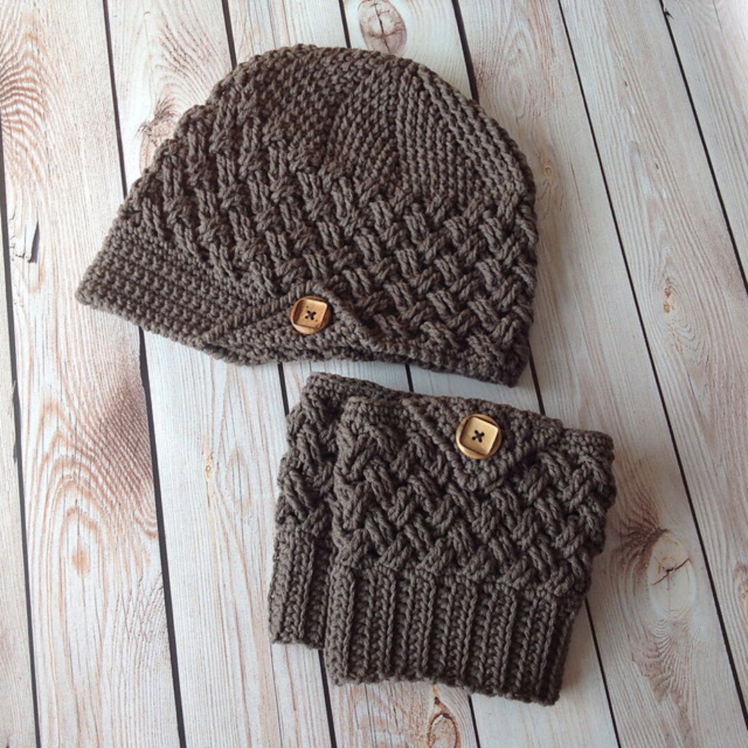 Set of 2 Crochet Patterns for Diagonal Weave Beanie or Newsboy and Boot ...