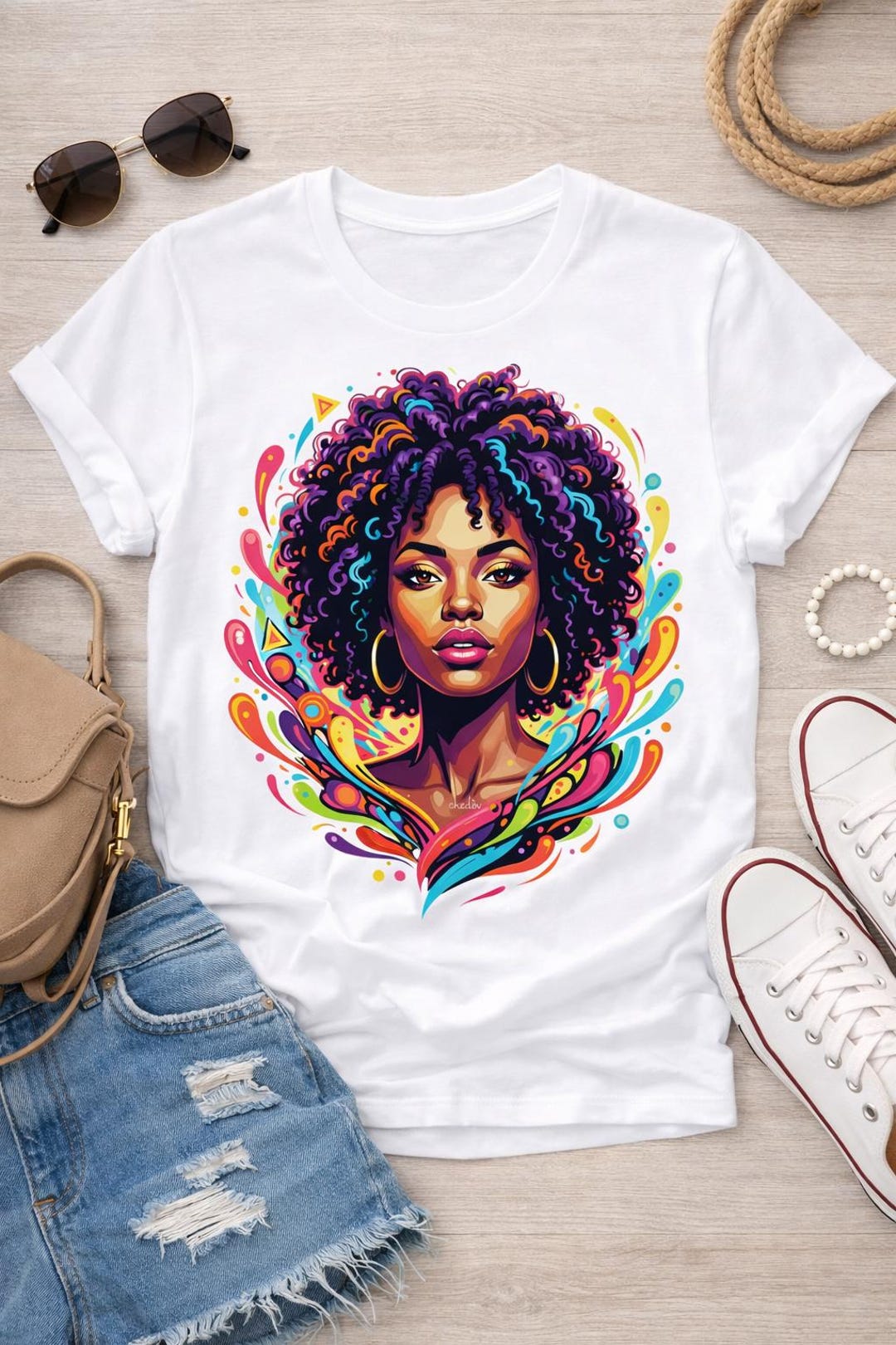 Colorful Afro Woman Portrait T-shirt | Vibrant Curly Hair Art ...