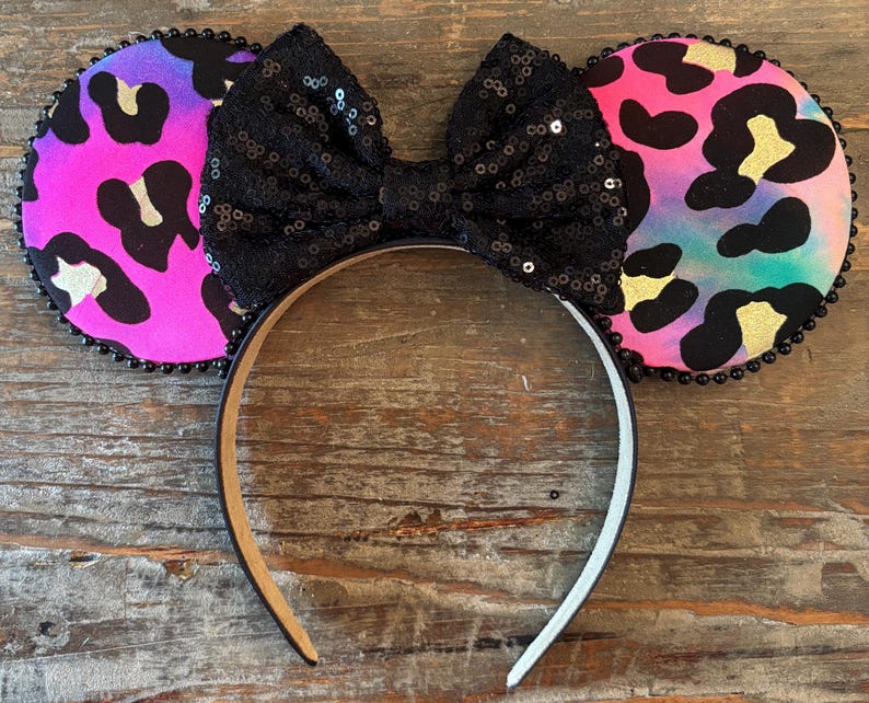 Leopard Print Mouse Ears • Neon Animal Print Headband With Black Sequin ...