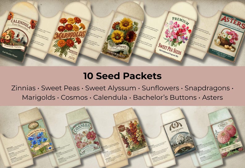 Digital Flower Seed Packets, Vintage Gardening Junk Journal Papers ...