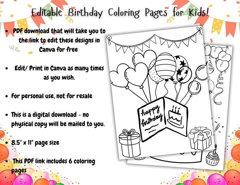 Birthday Coloring Pages for Kids - Editable & Printable - Etsy