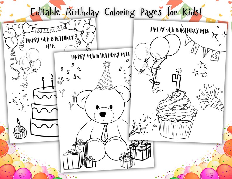 Birthday Coloring Pages for Kids - Editable & Printable - Etsy