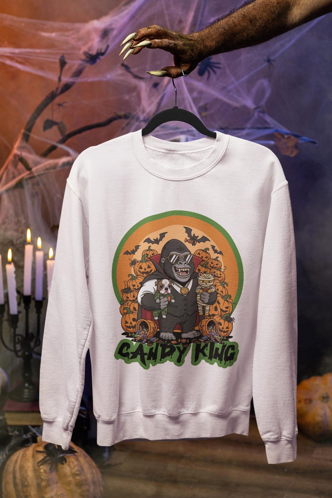 Halloween Gorilla Candy King Graphic Sweatshirt – Funny Vampire Ape ...