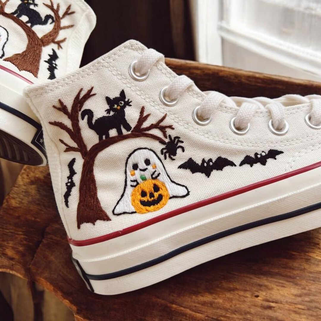 Custom Ghost & Black Cat Halloween Embroidery Converse High Top ...