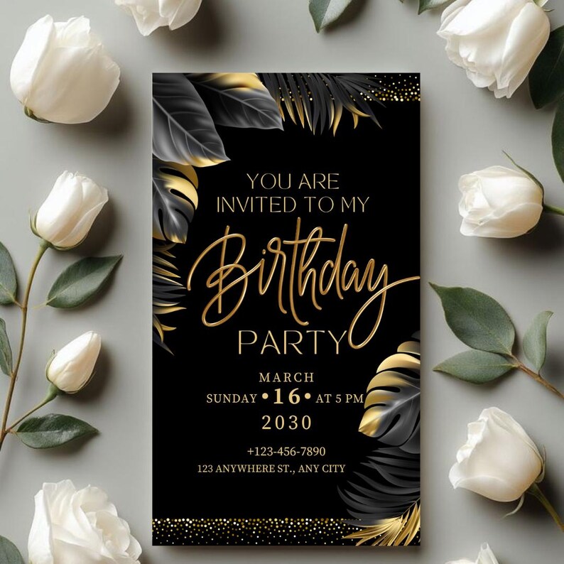 Black Gold Luxury Tropical Leaf Birthday Invitation, Editable Canva ...