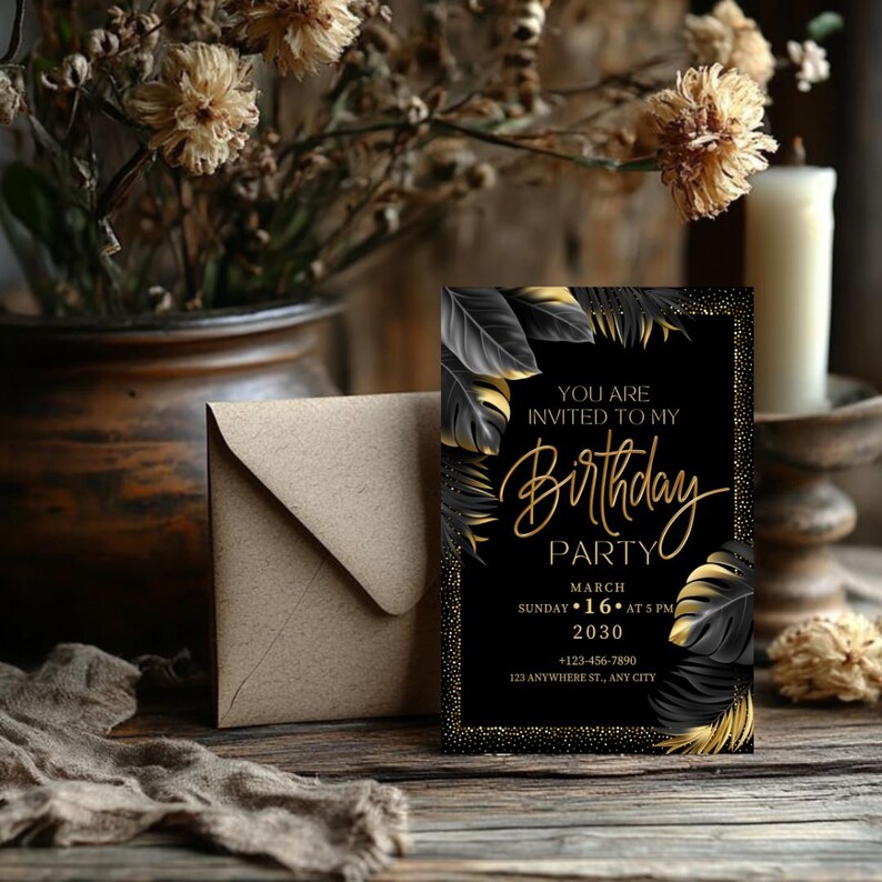Black Gold Luxury Tropical Leaf Birthday Invitation, Editable Canva ...