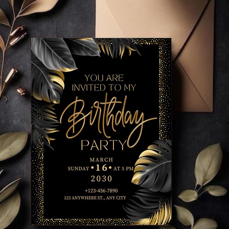Black Gold Luxury Tropical Leaf Birthday Invitation, Editable Canva ...